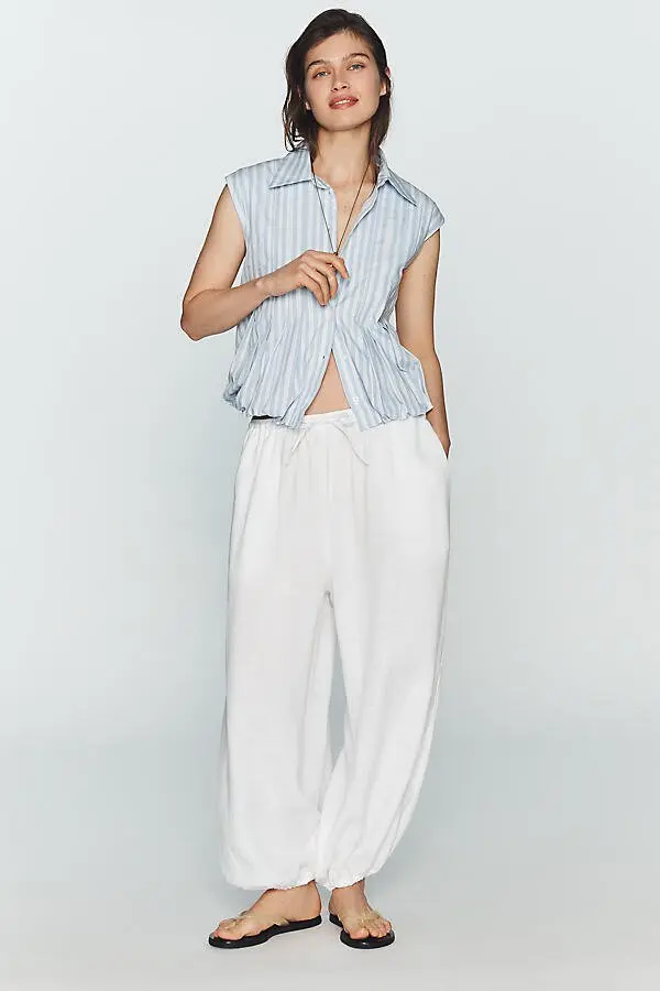 Maeve Sleeveless Pleated Bubble-hem Buttondown Top - Blue Stripe