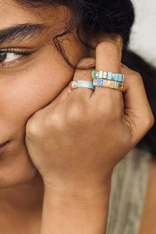 Anthropologie Beaded Chicklet Rings Set Of 3 - Multi