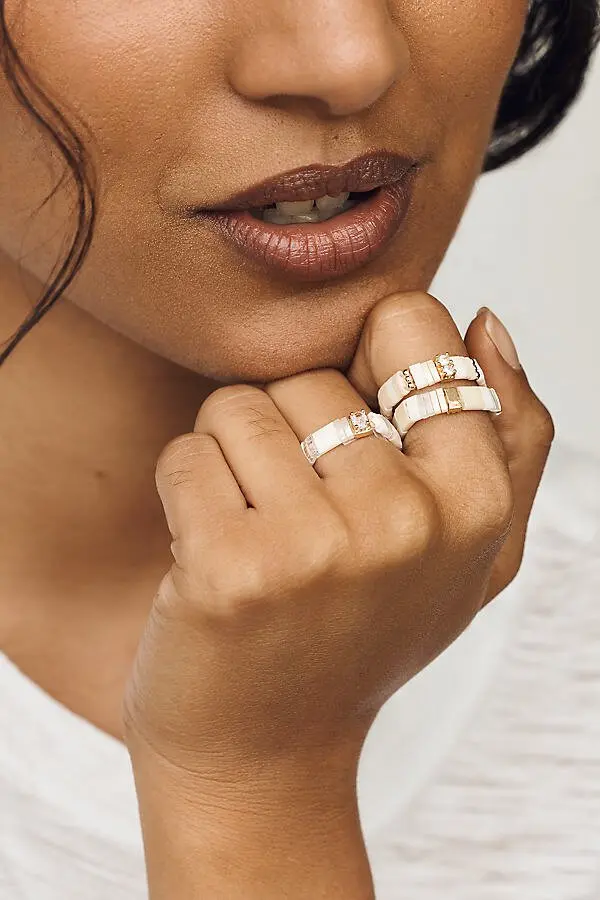 Anthropologie Beaded Chicklet Rings Set Of 3 - Pearl