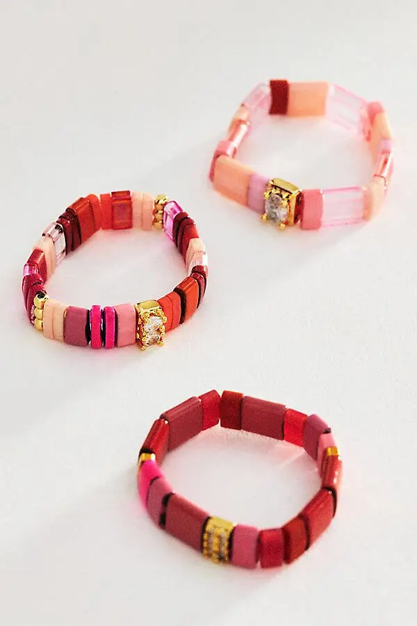 Anthropologie Beaded Chicklet Rings Set Of 3 - Pink/orange