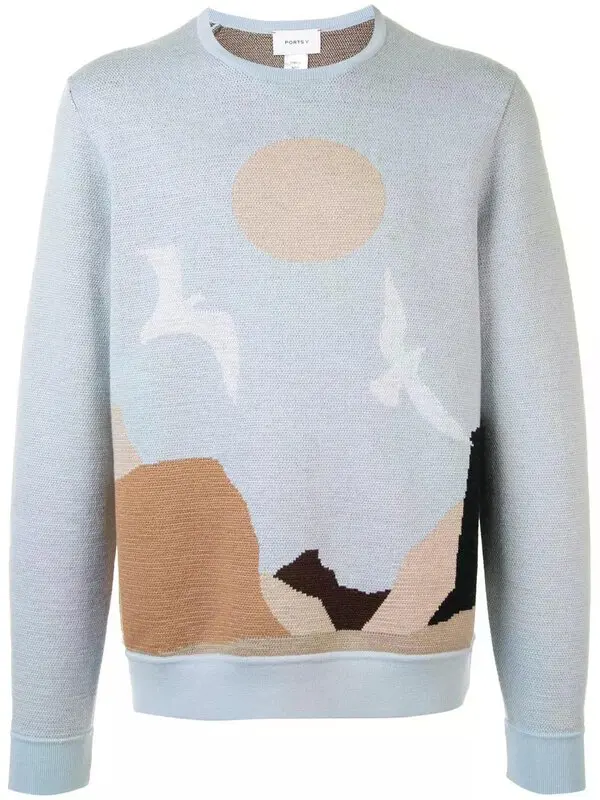 PORTS V Landscape Knitted Jumper - Blue