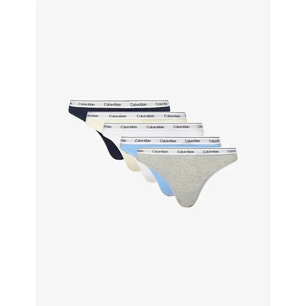 Calvin Klein Icon Logo Pack Of Five Cotton-jersey Thongs - Sline/blu/grey/sorb/wht