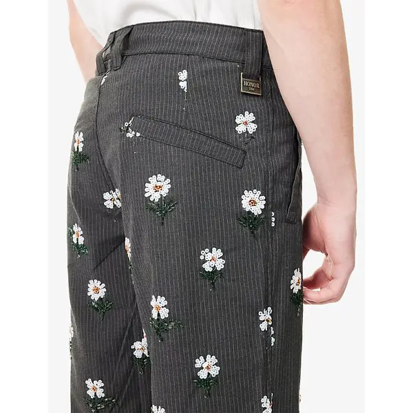 HONOR THE GIFT Flower-beaded Pinstripe Cotton Trousers