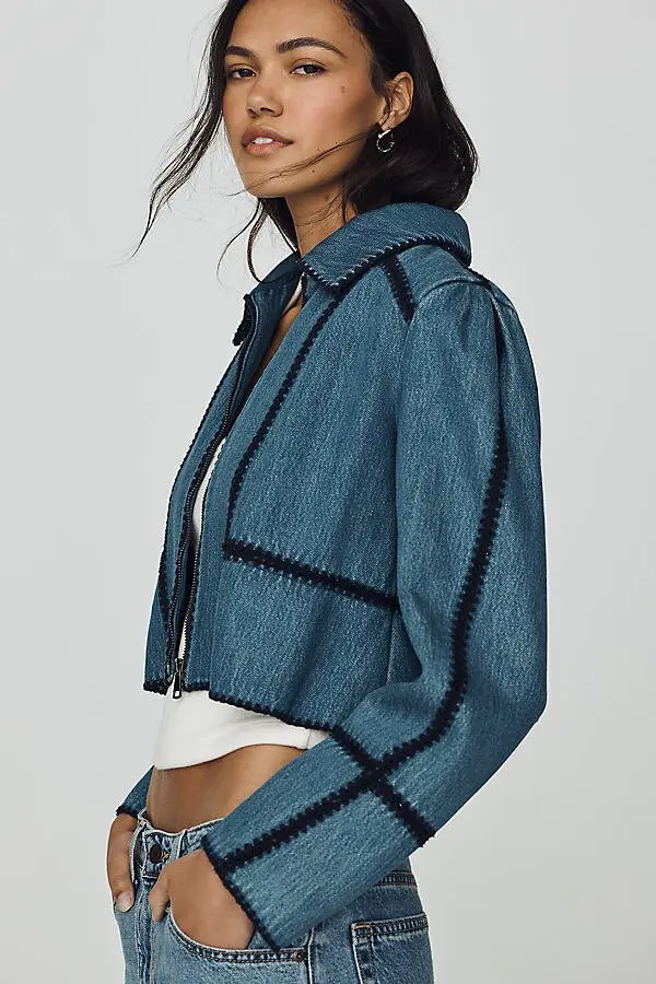 Anthropologie Freya Stitched Zip-up Jacket - Medium Denim