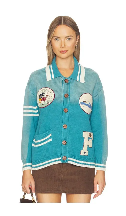 FOUND Varsity Patch Collared Cardigan - Blue