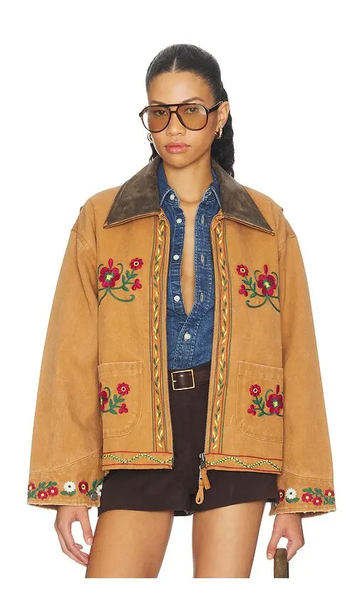 FOUND Embroidered Canvas Work Jacket With Leather Collar