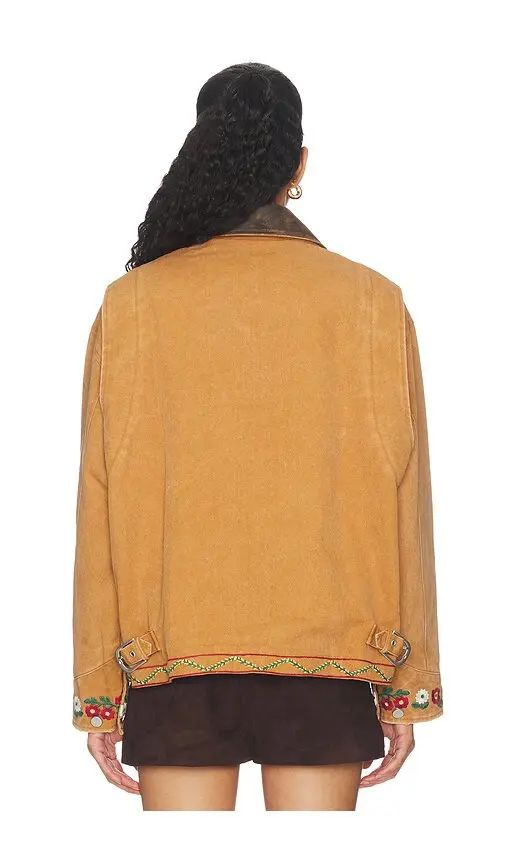 FOUND Embroidered Canvas Work Jacket With Leather Collar