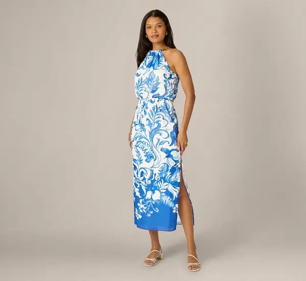 Adrianna Papell Scroll Print Chain Halter Midi Dress