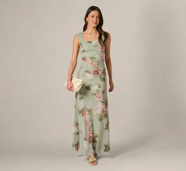 Adrianna Papell Floral Print Stretch Mesh Ruched Gown - Sage Multi