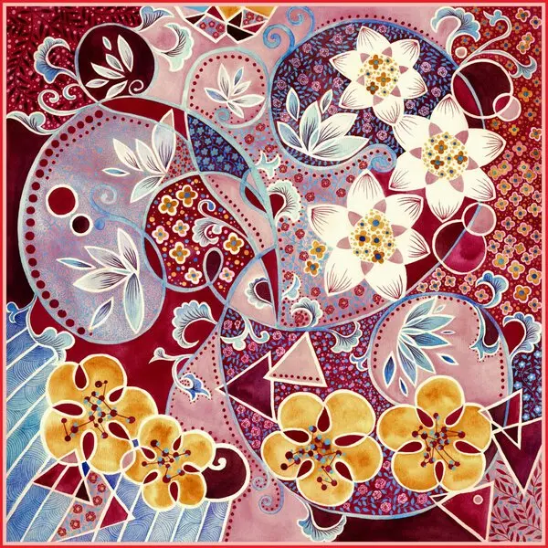 WENZI Rhythms Of Bloom Hand Painted Pattern Double Sided Silk Twill Scarf - Red