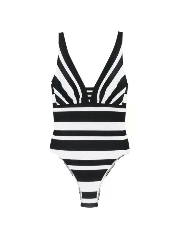 MARYAN MEHLHORN Striped V-neck One-piece Swimsuit - Black
