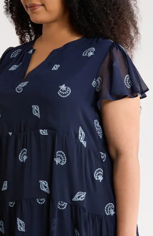 CECE DUPRAZ Embroidered Flutter Sleeve Dress