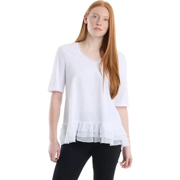 WILT CLOTHING V-neck Elbow Sleeve Mixed Media Tee - White