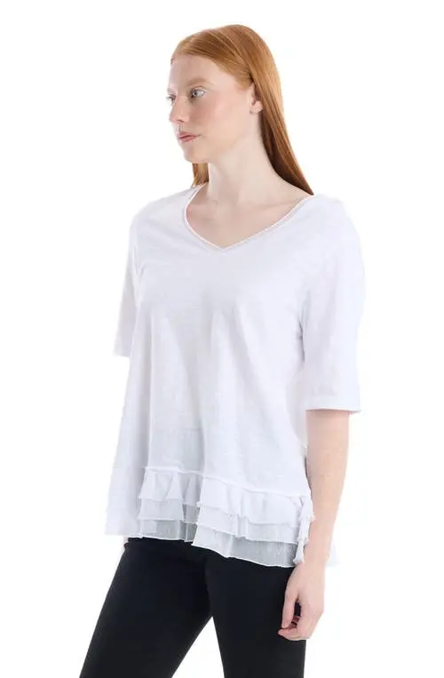 WILT CLOTHING V-neck Elbow Sleeve Mixed Media Tee - White