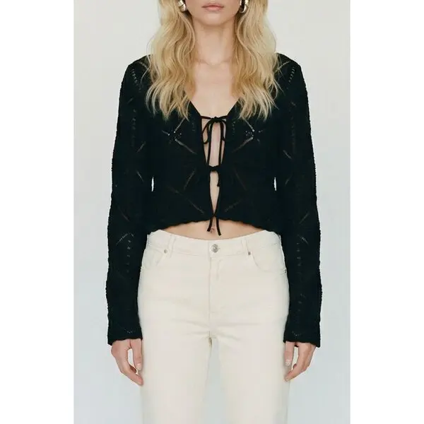 Vero Moda Lola Tie-front Pointelle Knit Cotton Cardigan - Black