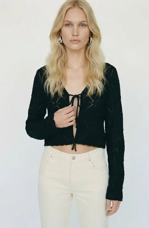 Vero Moda Lola Tie-front Pointelle Knit Cotton Cardigan - Black