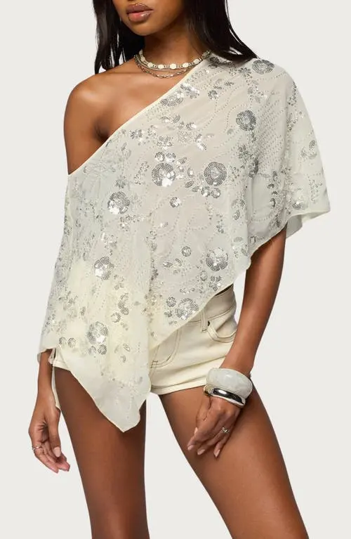 EDIKTED Sequin Beaded Poncho - Cream