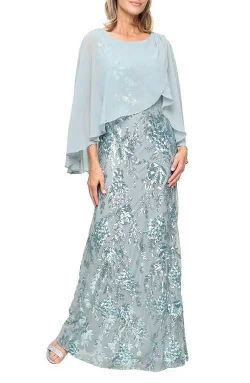 SL FASHIONS Sequin Floral Gown With Cape Overlay - Sage