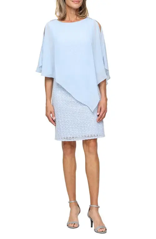 SL FASHIONS Sequin Cocktail Dress With Cape Overlay - Light Blue