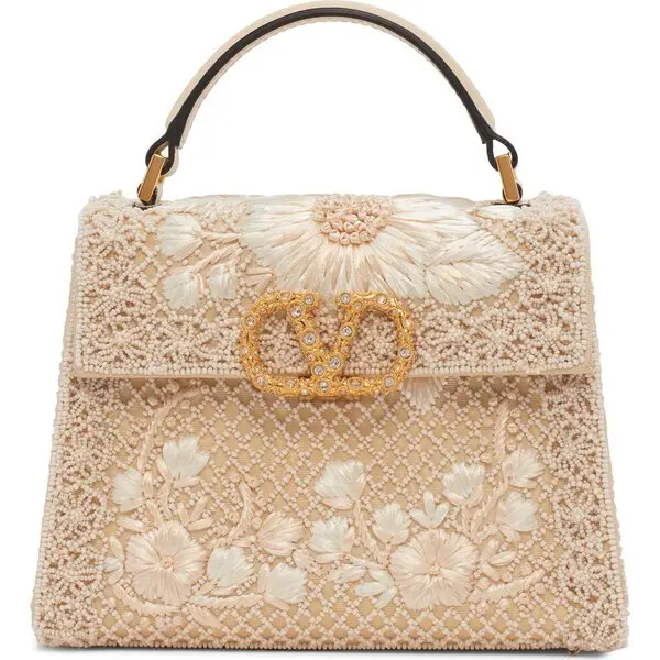 Valentino Garavani Mini V Sling Embroidered Moiré Top Handle Bag