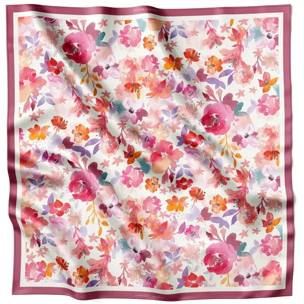 LAMBERTY MUNICH X KATCHMAGIC LONDON Pink / Red Inky Blooms Midi Silk Scarf - Pink/red