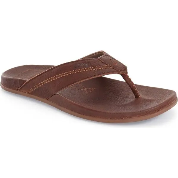 Olukai Mohalu Leather Flip Flops - Teak/teak