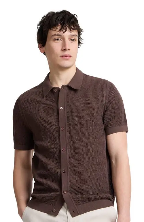 Onia Crochet Knit Button Up Short Sleeve Shirt - Espresso
