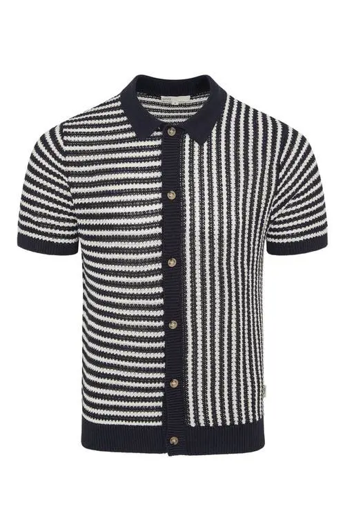 Onia Knit Linen Button-up Short Sleeve - Midnight/egret
