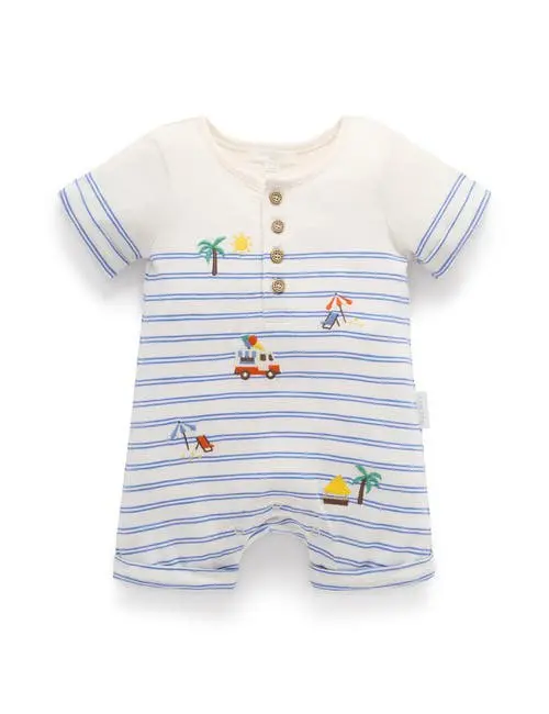 PUREBABY Resort Striped Romper With Beach Embroidery - Pacific Mini Stripe