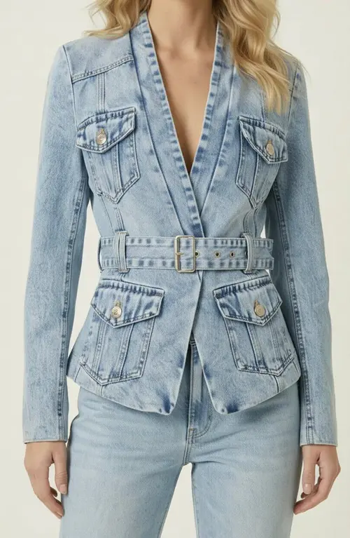 MODENAIRE Belted Denim Blazer With Utility Pockets - Light Wash Blue