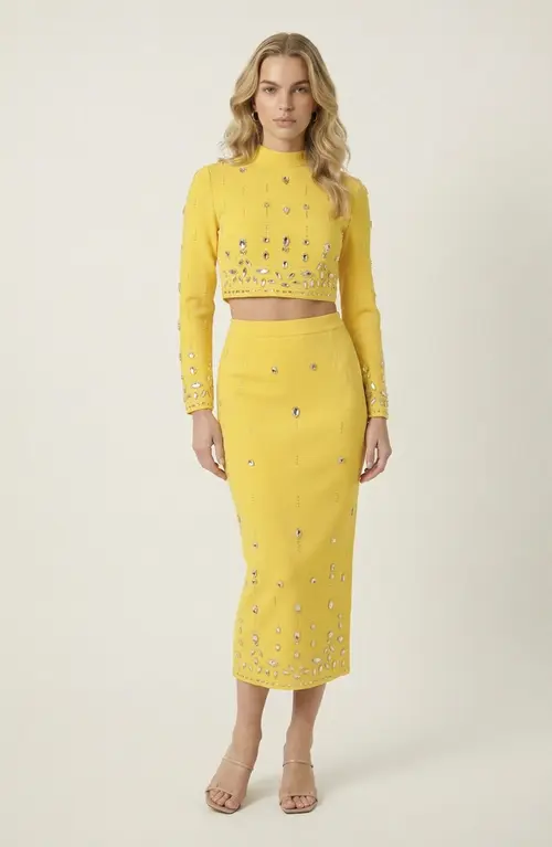 MODENAIRE Embellished Crop Top And Midi Skirt Set - Yellow