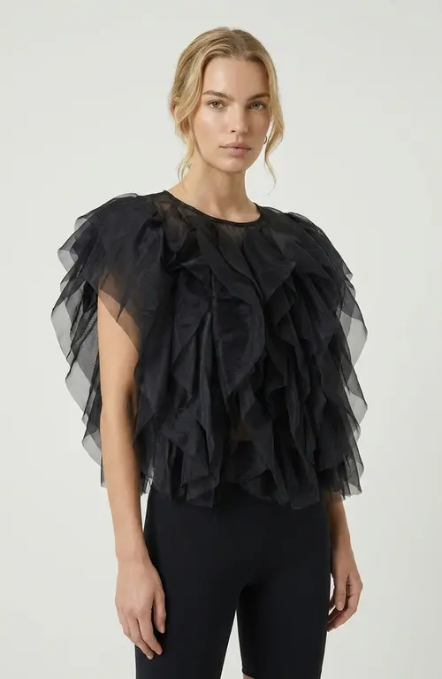 MODENAIRE Sheer Ruffled Tulle Blouse - Black