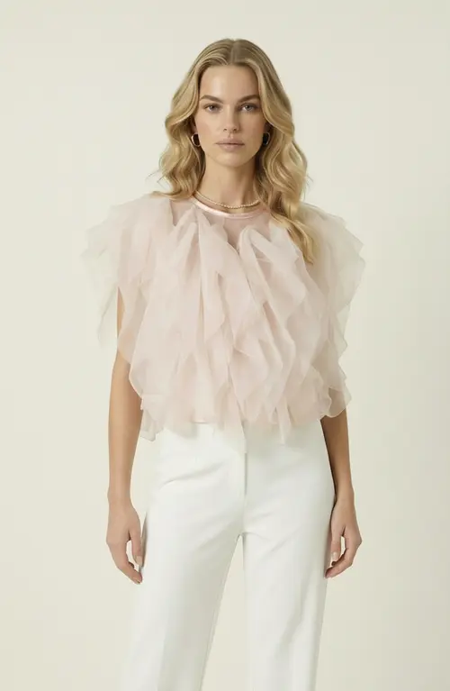 MODENAIRE Sheer Ruffled Tulle Blouse - Pale Pink