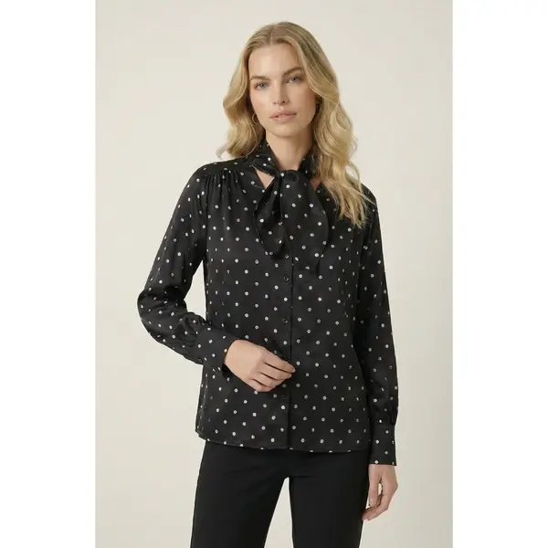 MODENAIRE Polka Dot Tie Neck Blouse