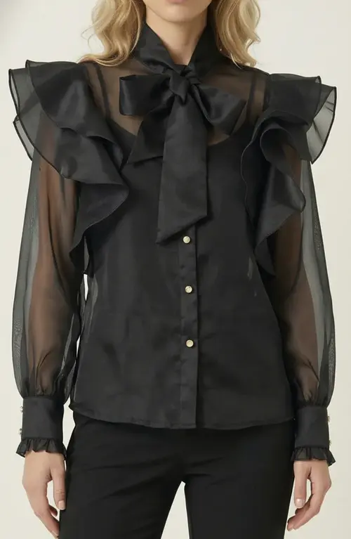 MODENAIRE Ruffle Bow Tie Button-front Blouse