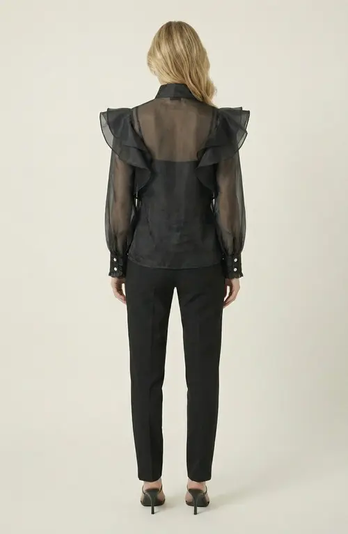 MODENAIRE Ruffle Bow Tie Button-front Blouse