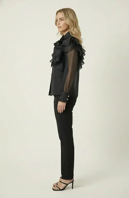 MODENAIRE Ruffle Bow Tie Button-front Blouse