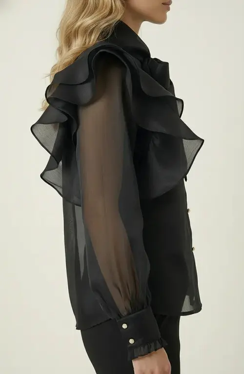 MODENAIRE Ruffle Bow Tie Button-front Blouse