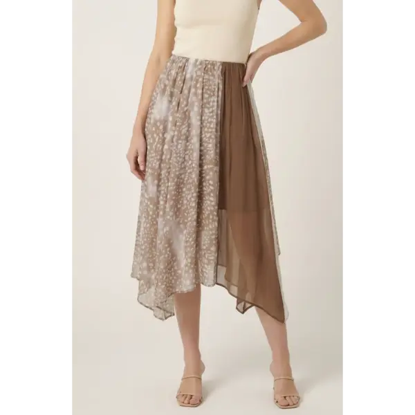 MODENAIRE Printed Sheer Overlay Midi Skirt - Brown