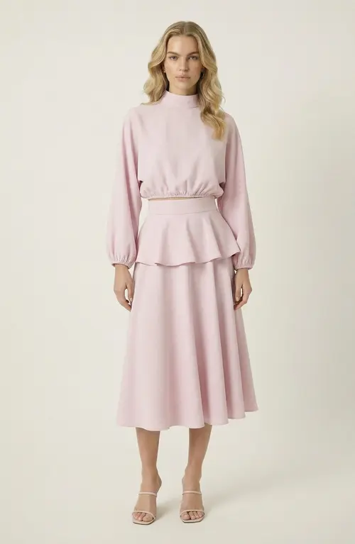 MODENAIRE Mock Neck Top And Peplum Skirt Set