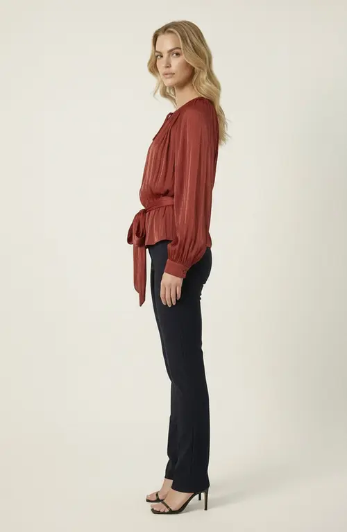 MODENAIRE Long Sleeve Tie Neck Belted Blouse