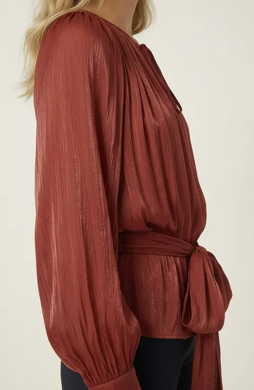 MODENAIRE Long Sleeve Tie Neck Belted Blouse