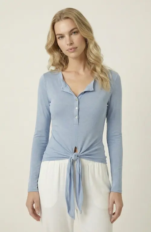 MODENAIRE Long Sleeve Front Tie Henley Top - Heathered Light Blue