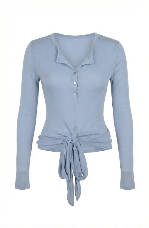MODENAIRE Long Sleeve Front Tie Henley Top