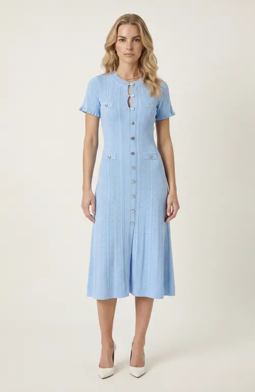 MODENAIRE Button-front Knit Midi Dress With Ruffled Short Sleeves - Blue