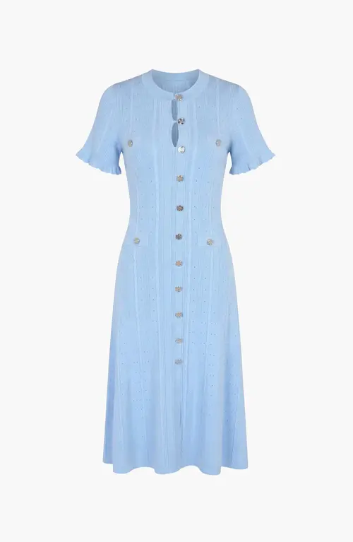 MODENAIRE Button-front Knit Midi Dress With Ruffled Short Sleeves - Blue