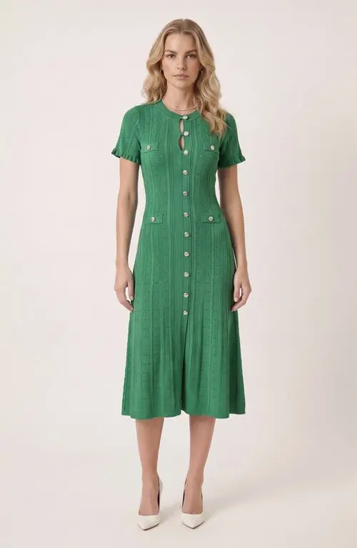 MODENAIRE Button-front Knit Midi Dress With Ruffled Short Sleeves - Green