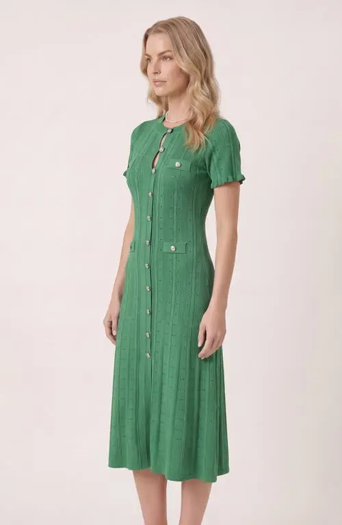 MODENAIRE Button-front Knit Midi Dress With Ruffled Short Sleeves - Green