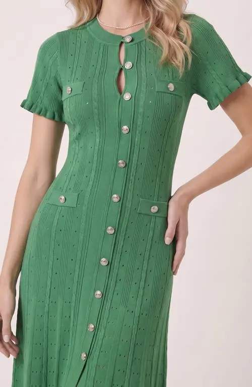 MODENAIRE Button-front Knit Midi Dress With Ruffled Short Sleeves - Green