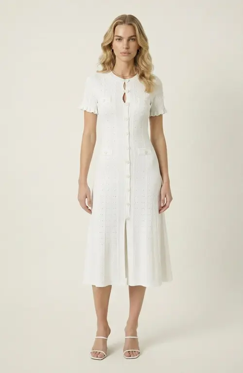 MODENAIRE Button-front Knit Midi Dress With Ruffled Short Sleeves - White